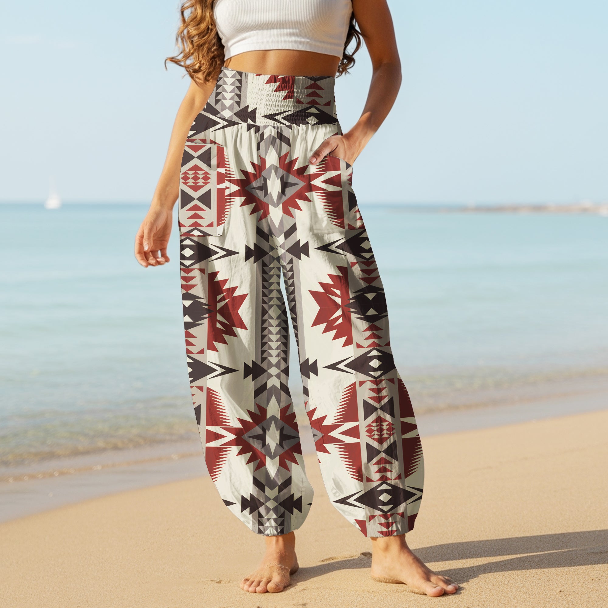 Boho Harem Pants – Red Geometric Tribal Pattern – Native Pattern