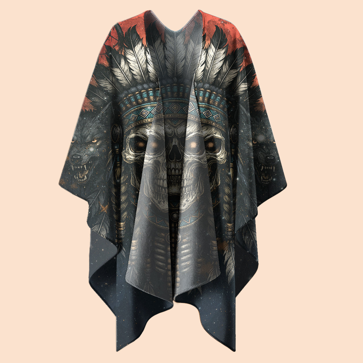 Poncho Boho Warrior – Skeleton Chief and Black Wolves – Native Pattern