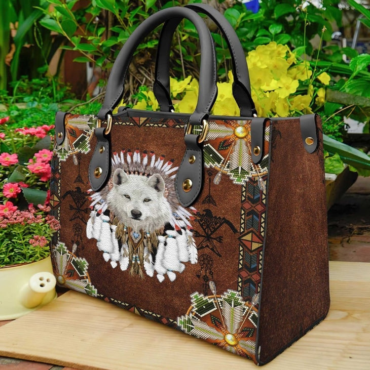 White Wolf With Headress Feathers Leather Handbag WCS021 – Native Pattern