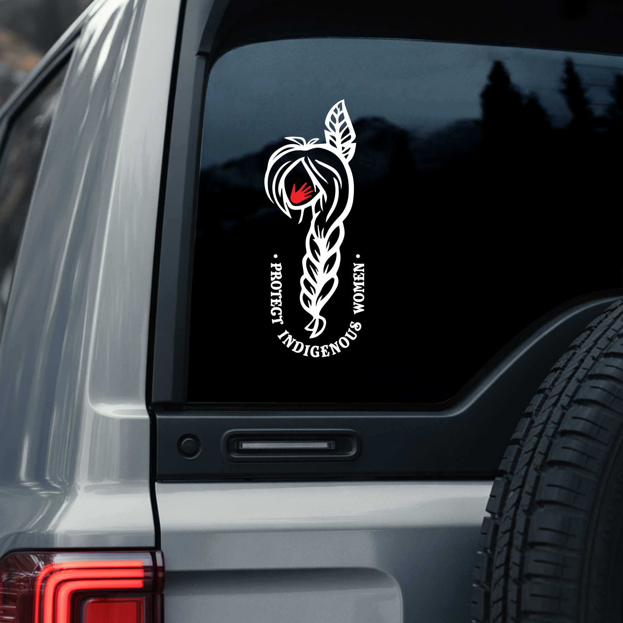 Protect Indigenous Women – MMIW Red Hand Car Sticker – Native Pattern