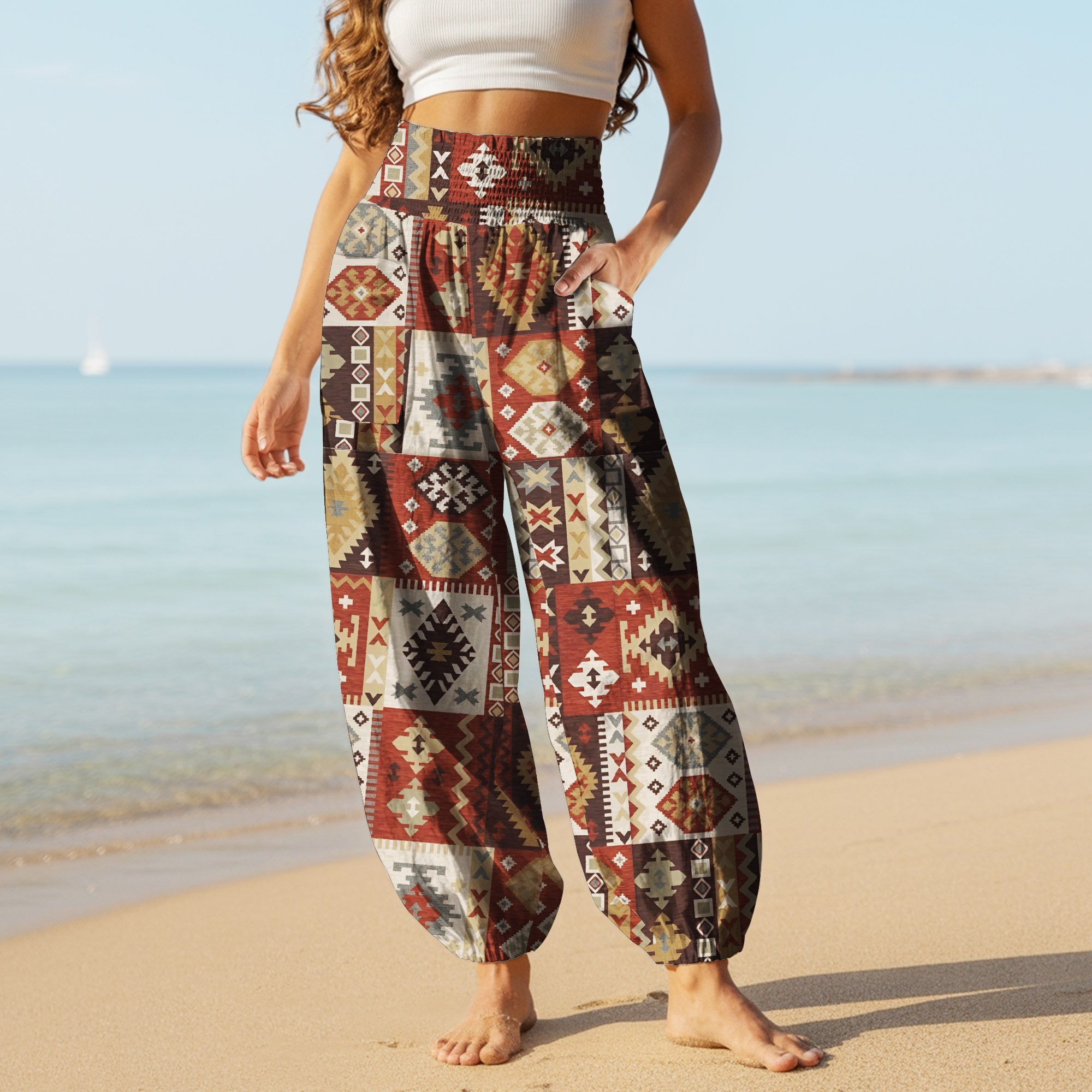 Boho Harem Pants – Beige with Tribal Aztec Print 01 – Native Pattern