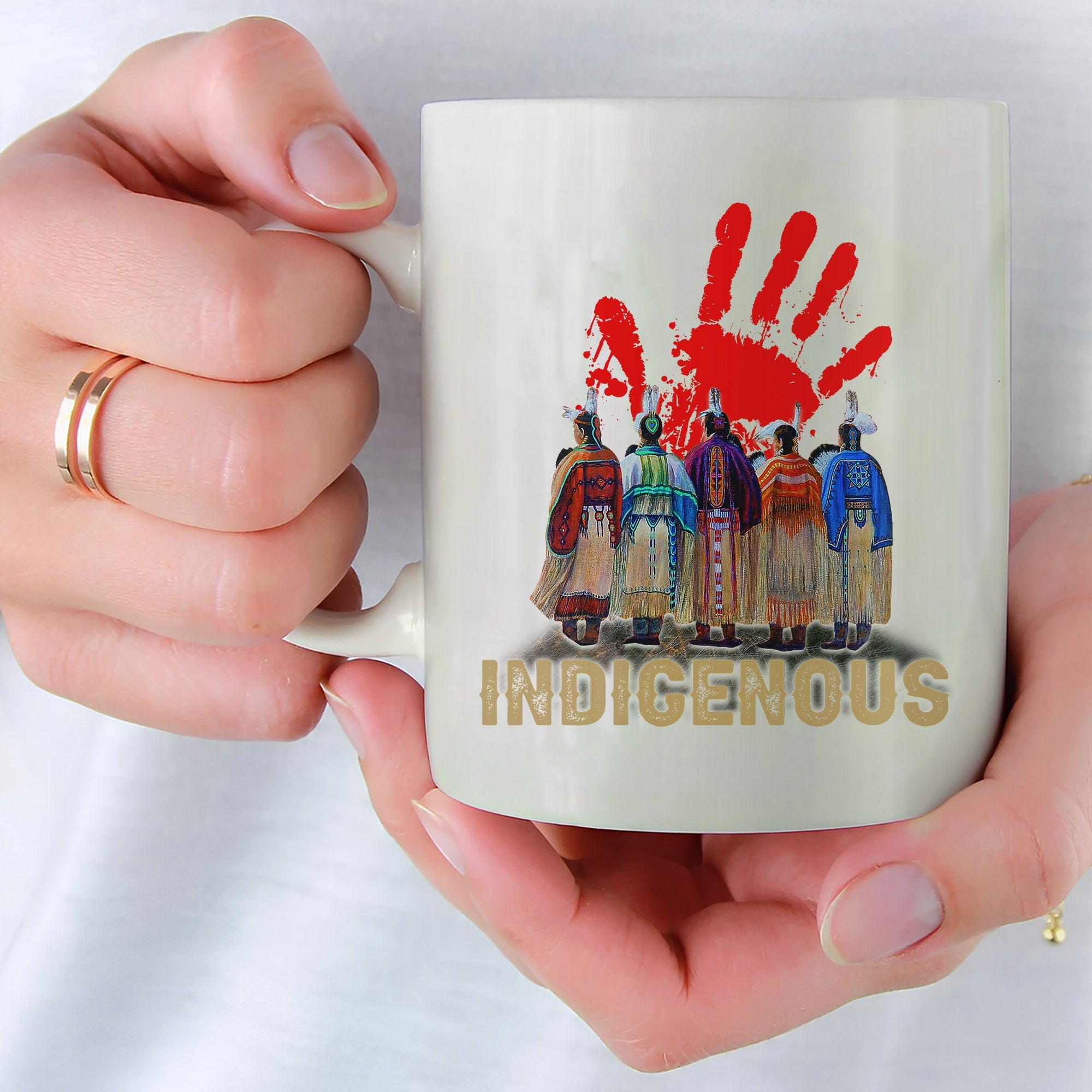 MMIW Indigenous Woman Red Hand Together Ceramic Coffee Mug – Native Pattern